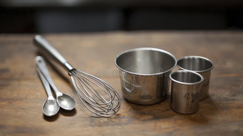 Baking Essentials Whisk and Measuring Cups in a Warm Kitchen Setting ...