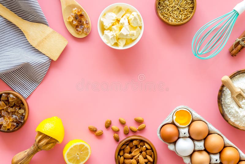 Baking Frame. Ingredients and Utensil on Pink Background Top View Space ...