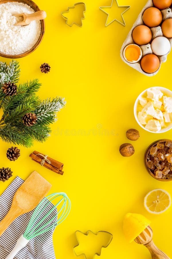 Baking Frame. Ingredients and Utensil on Yellow Background Top View ...