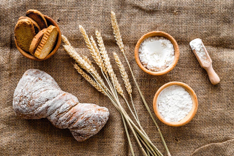 Baking Fresh Wheaten Bread on Bakery Work Table Background Top View ...