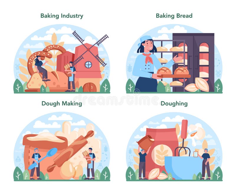 Baking Industry Concept Set. Pastry Baking Process and Retail Stock ...