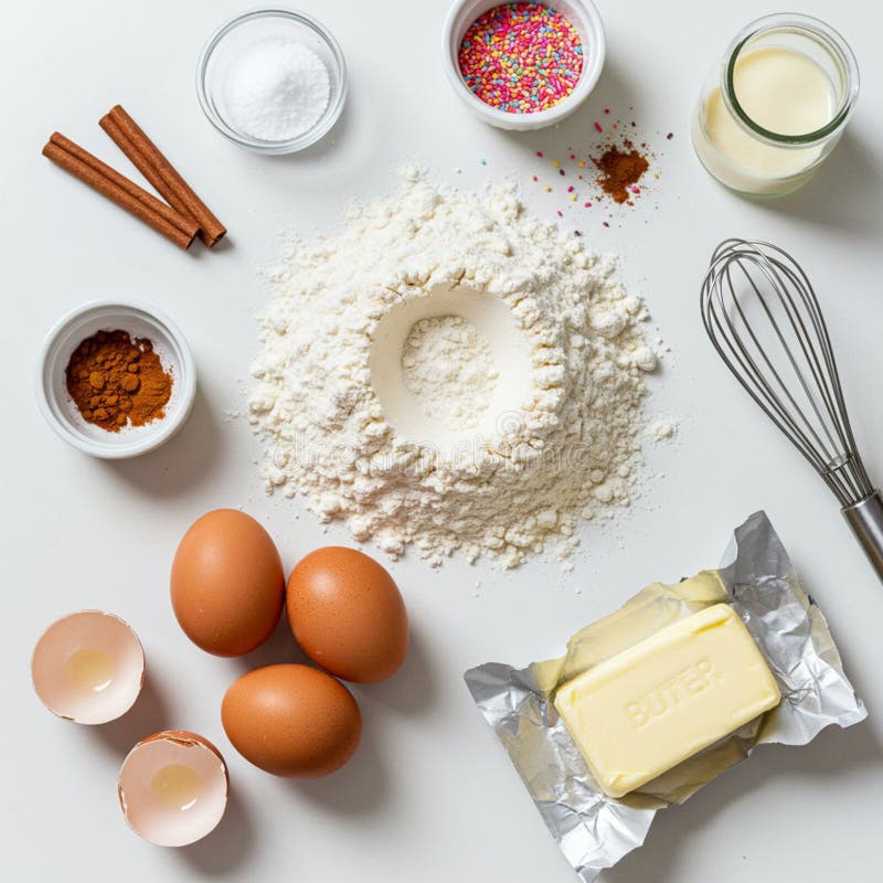 Baking Ingredients Arranged on a White Surface Include a Mound of Flour ...