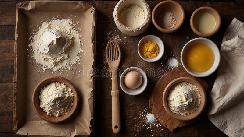Baking Ingredients Arranged on a Wooden Table, Including Flour, Eggs ...