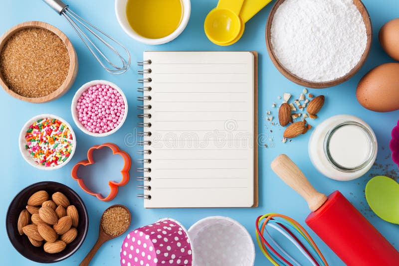Baking Ingredients with Blank Recipe Book Stock Image - Image of blue ...