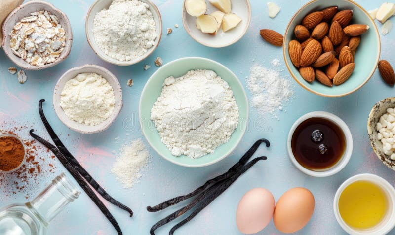 Baking Ingredients on a Blue Countertop, Top View Stock Image - Image ...