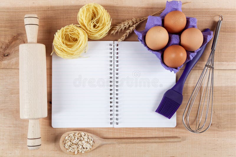 Baking Ingredients for Cooking and Notebook for Recipes. Stock Image ...