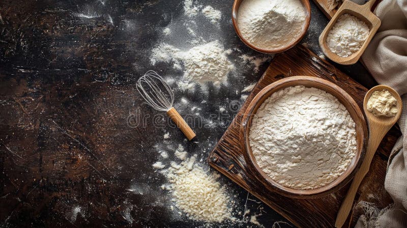 Baking Ingredients with Flour on Dark Rustic Background Stock Photo ...
