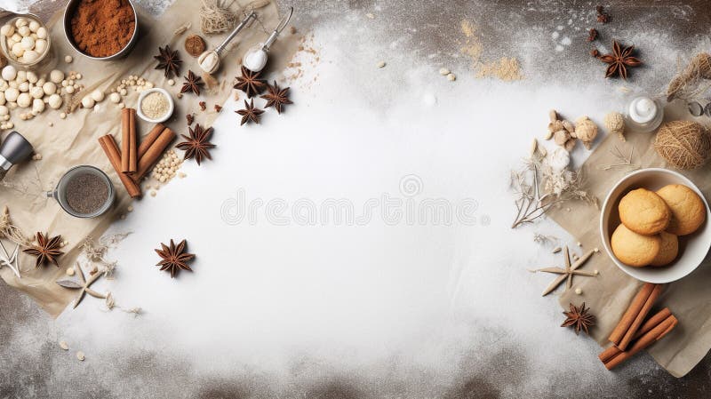 Baking Ingredients Flour, Eggs, Rolling Pin, Butter and Kitchen ...