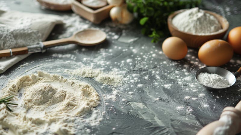 Baking Ingredients on Floured Surface Stock Image - Image of kitchen ...