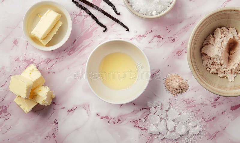 Baking Ingredients on a Granite Countertop, Top View Stock Photo ...