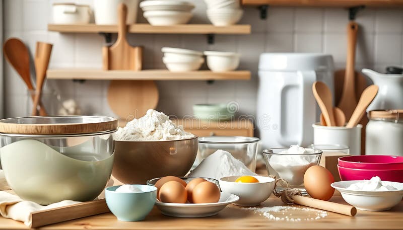 Baking Ingredients Kitchen, Flour Eggs and Cooking Tools, Stock Photo ...