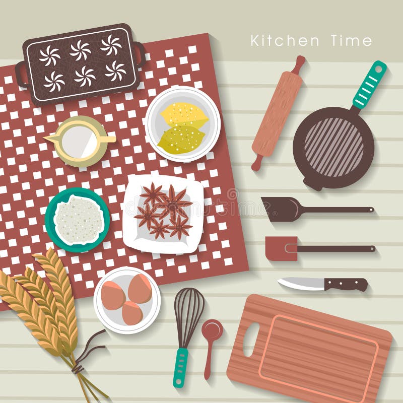 Baking Ingredients on Kitchen Table in Flat Design Stock Vector ...