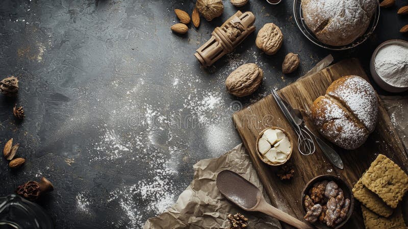 Baking Ingredients and Kitchen Tools on Rustic Table Stock Photo ...