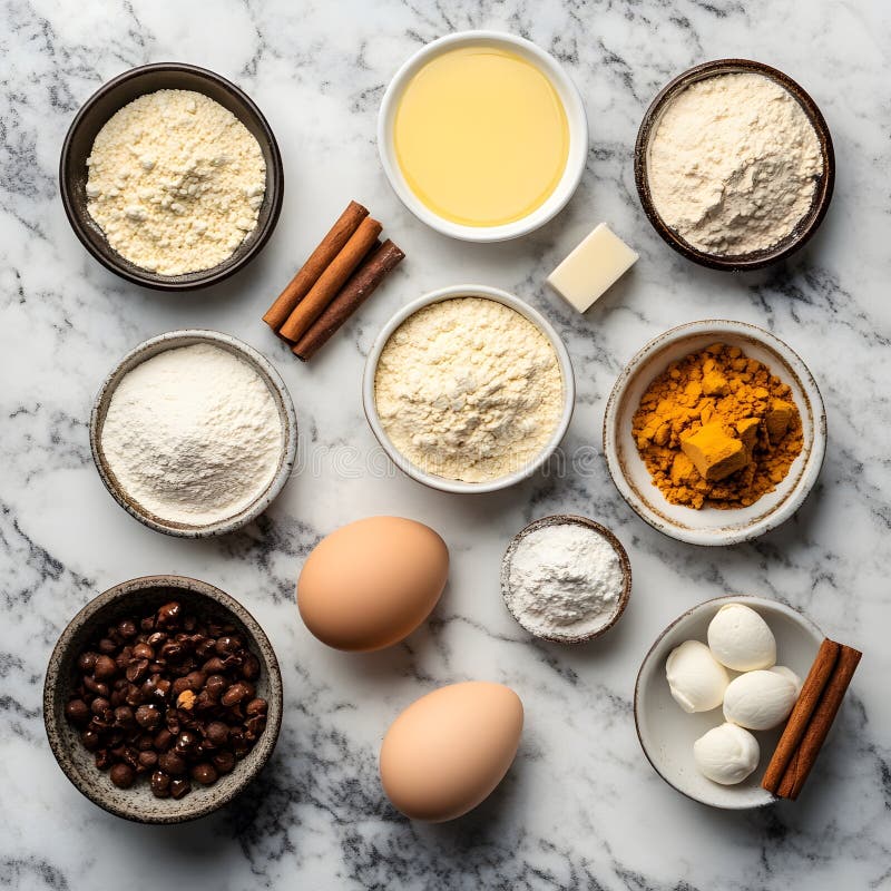 Baking Ingredients on Marble Surface Overhead View of Flours, Eggs ...