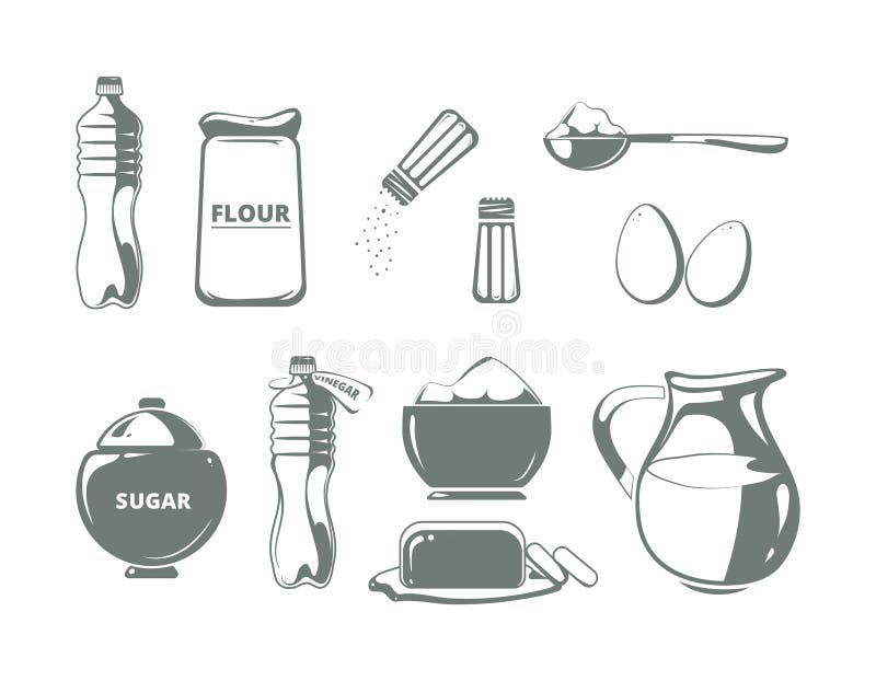 Baking Ingredients Monochrome Vector Set Stock Vector - Illustration of ...