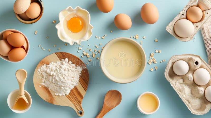 Baking Ingredients on Pastel Blue Background Stock Image - Image of ...