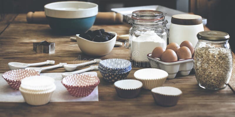 Baking Ingredients and Prep on the Table Stock Photo - Image of hobby ...