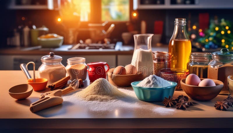 Baking Ingredients Scattered Across Kitchen Counter Stock Image - Image ...