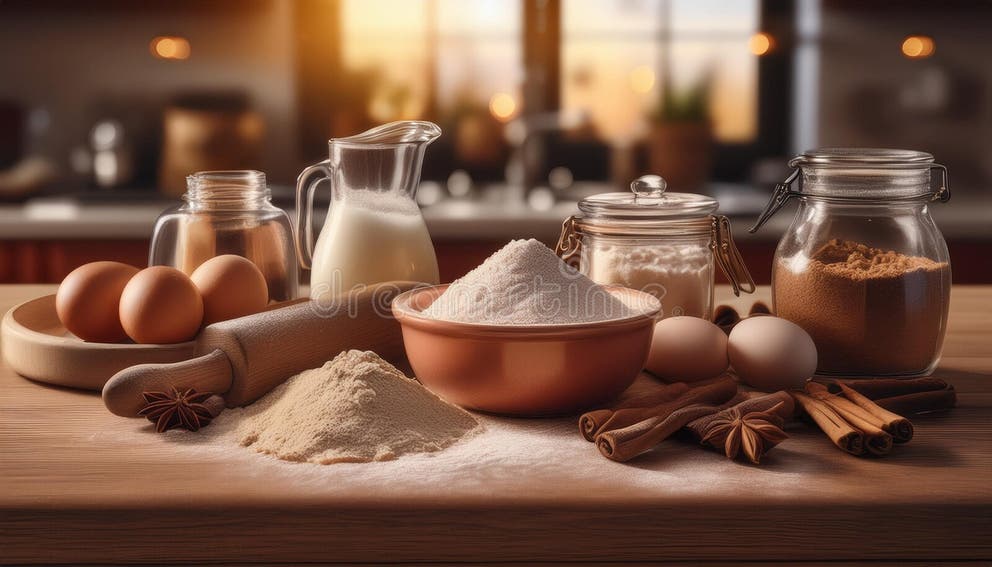 Baking Ingredients Scattered Across Kitchen Counter Stock Photo - Image ...