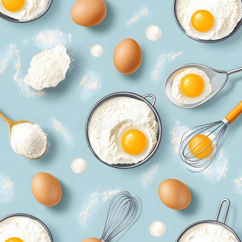 Baking Ingredients Seamless Pattern Eggs, Flour, and Utensils on Light ...