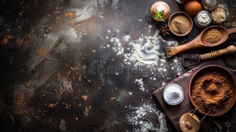 Baking Ingredients and Spices on a Dark Rustic Table Stock Image ...