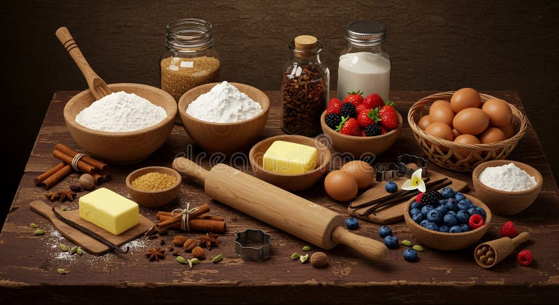 Baking Ingredients Still Life - Rustic Tabletop Delight Stock ...