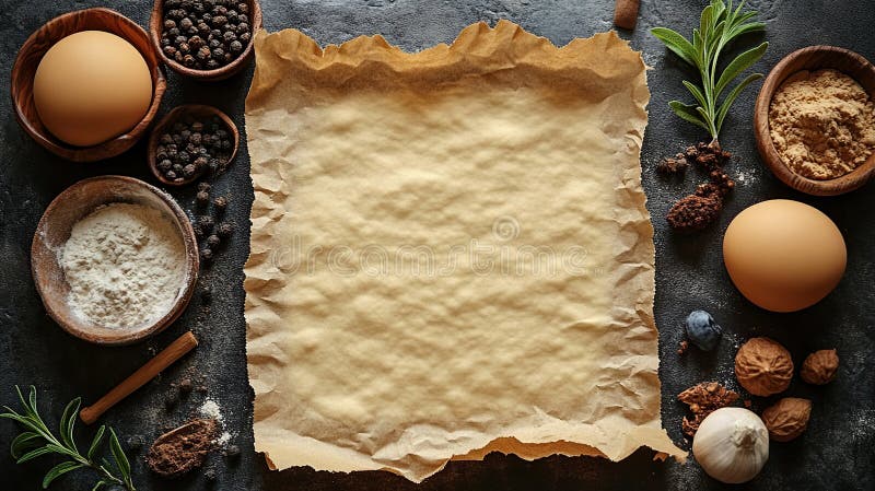 Baking Ingredients Surround Blank Parchment Paper on Dark Background ...