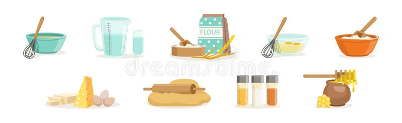 Baking Ingredients and Utensil at Kitchen Vector Set Stock Vector ...