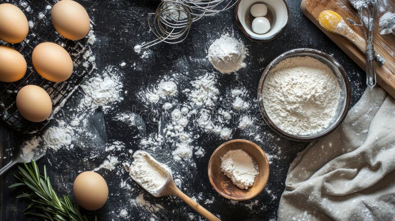Baking Ingredients and Utensils Arranged on a Messy Countertop Stock ...