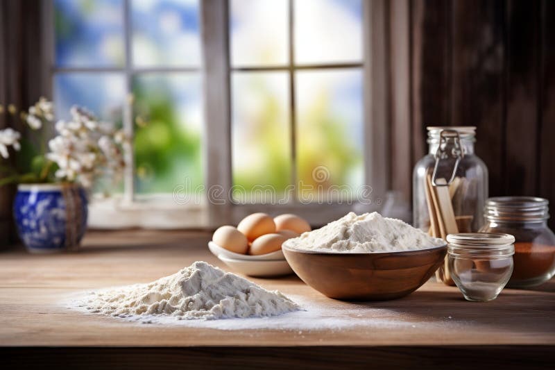 Baking Ingredients on Wooden Table with Blurred Kitchen Window Backdrop ...