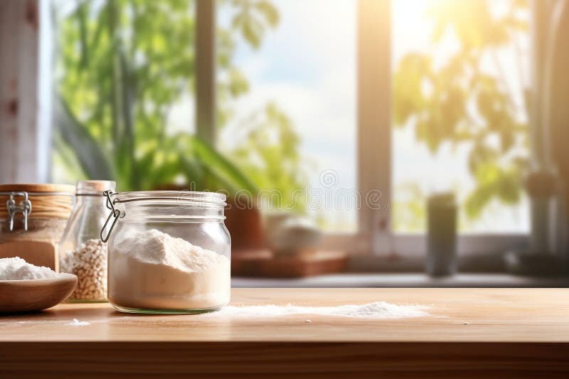 Baking Ingredients on Wooden Table with Blurred Kitchen Window Backdrop ...