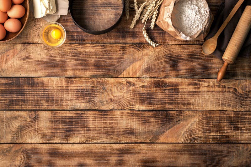 Baking Ingredients on a Wooden Table with Copy Space Stock Photo ...