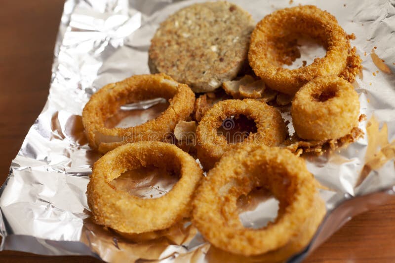 Baking Onion Rings and Veggie Burger Stock Photo - Image of eating ...