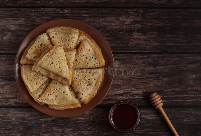 Baking Openwork Pancakes Hole Triangles Plate Dark Background Honey ...