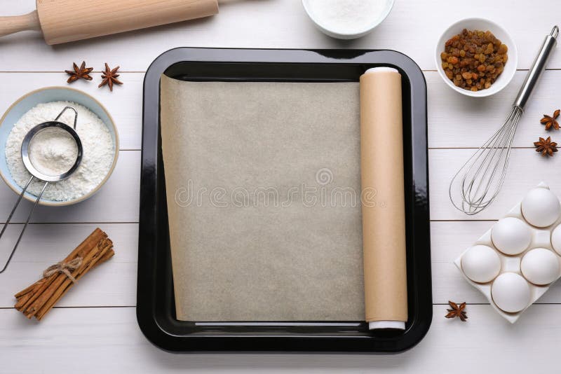 Baking Pan with Parchment Paper, Different Ingredients and Kitchen ...