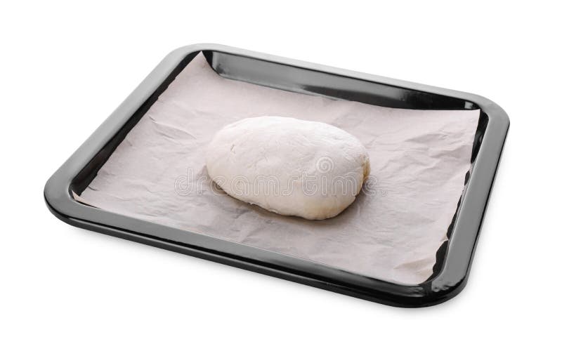 Baking Pan with Parchment Paper and Dough Isolated on White Stock Image ...
