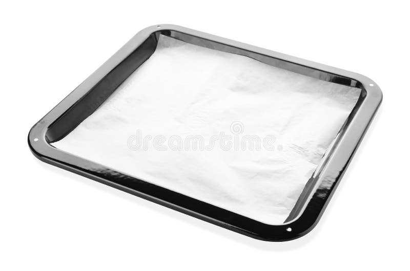 Baking Pan with Parchment Paper Isolated on White Stock Image - Image ...