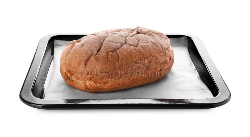 Baking Pan with Parchment Paper and Tasty Bread Isolated on White Stock ...