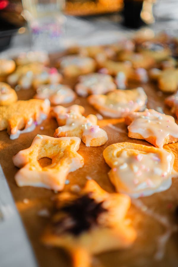 Baking Paper with Batch of Freshly Baked Biscuites with Sugar Coat and ...