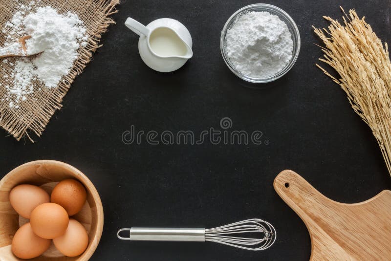 Baking Powder Milk and Eggs on Chalkboard for Background Stock Image ...