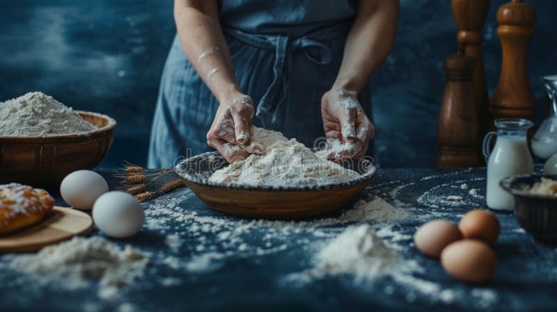 Baking Preparation with Hands Mixing Dough in a Rustic Kitchen Setting ...