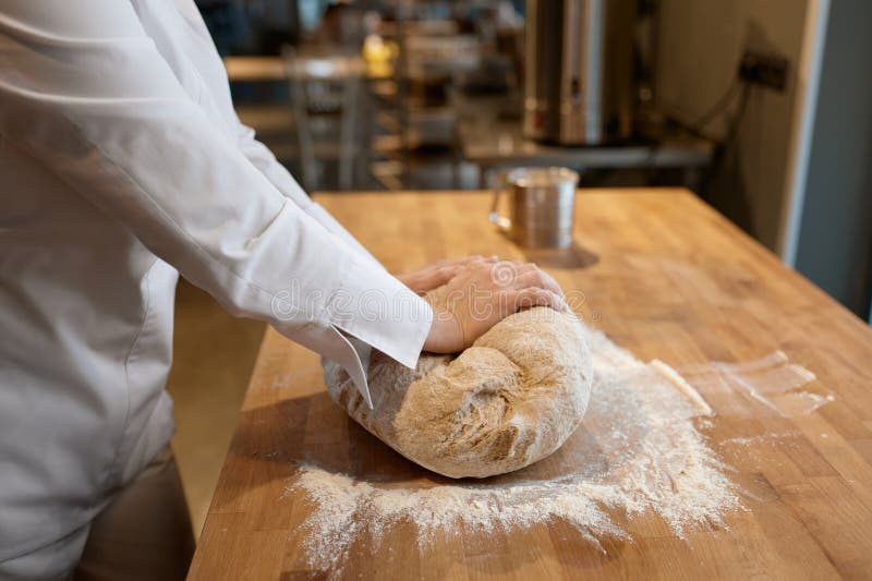 Baking Process, Closeup Baker Hands Kneading Dough on Table Stock Image ...