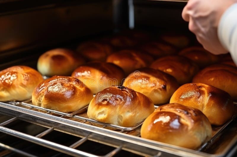 Baking Process: Baker S Hands Carefully Load Hot Cross Buns into the ...