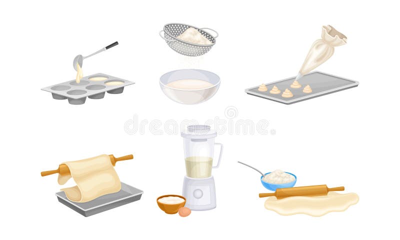 Baking Process with Doughing, Sieving and Rolling Using Cookware Vector ...