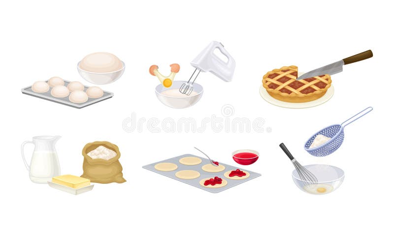 Baking Process with Flour Sieving, Dough Molding and Mixing Ingredients ...