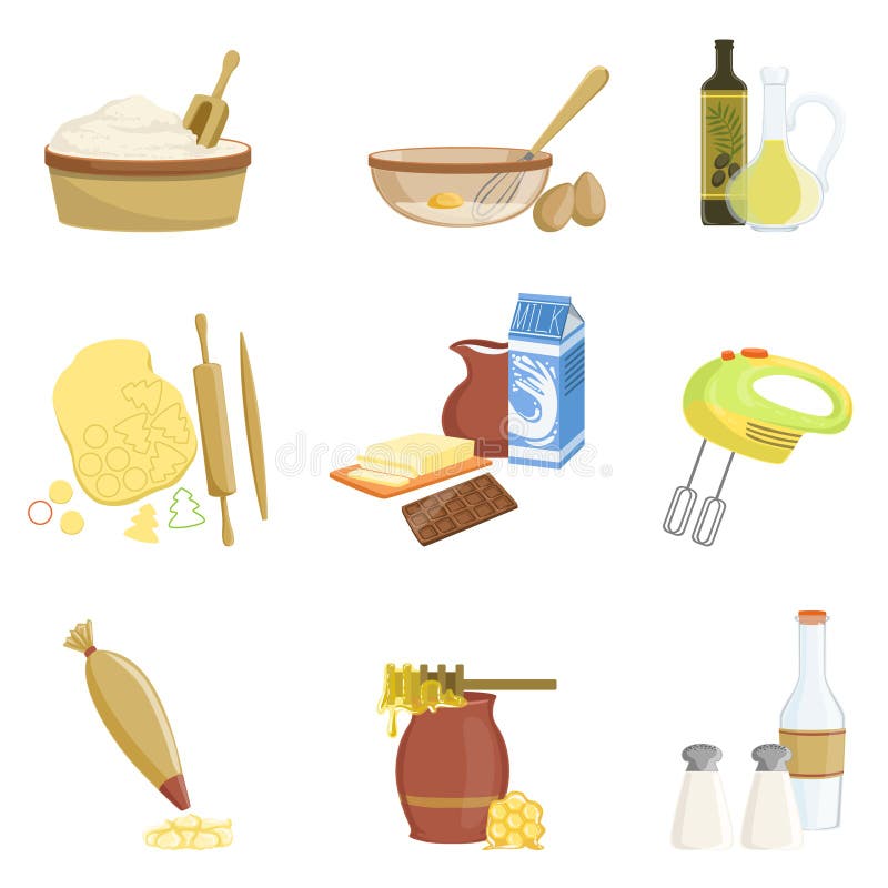 Baking Process with Doughing, Sieving and Rolling Using Cookware Vector ...