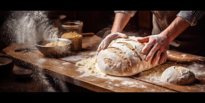 Baking Process. Male Hands at Work with a Loaf of Fresh Bread on the ...