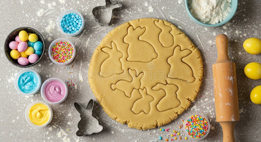 Baking Setup Featuring Rolled Dough with Bunny-shaped Cookie Cutouts ...