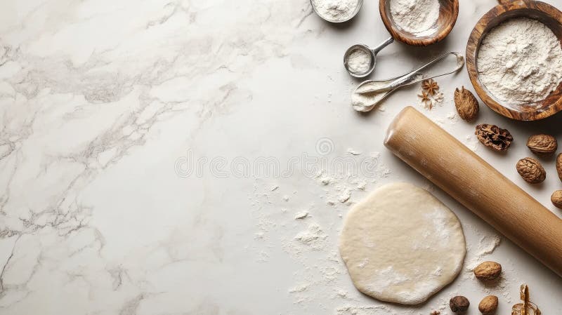 Baking Setup with Rolling Pin, Flour, and Dough on a Marble Surface ...