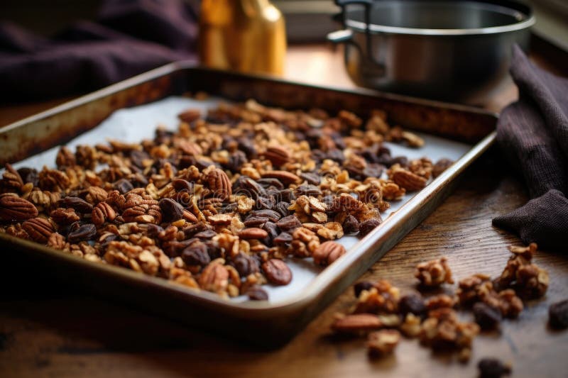 Baking Sheet with Granola Clusters Fresh from Oven Stock Photo - Image ...